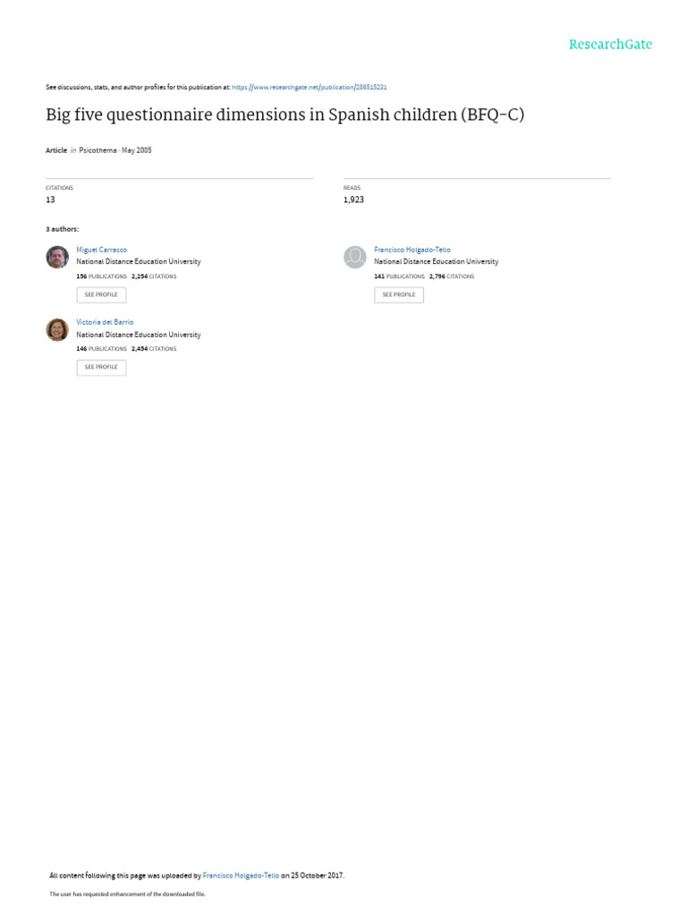 Big Five Questionnaire Dimensions in Spanish Children (BFQ-C) | PDF