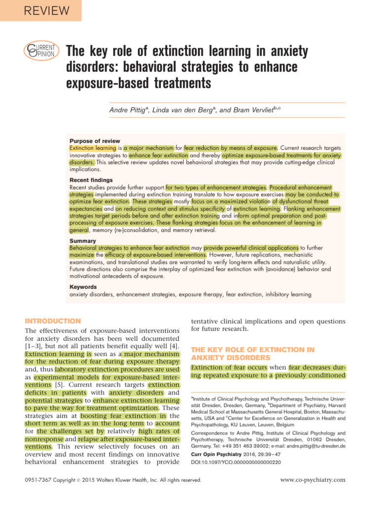 The Key Role of Extinction Learning in Anxiety Disorders - Behavioral ...
