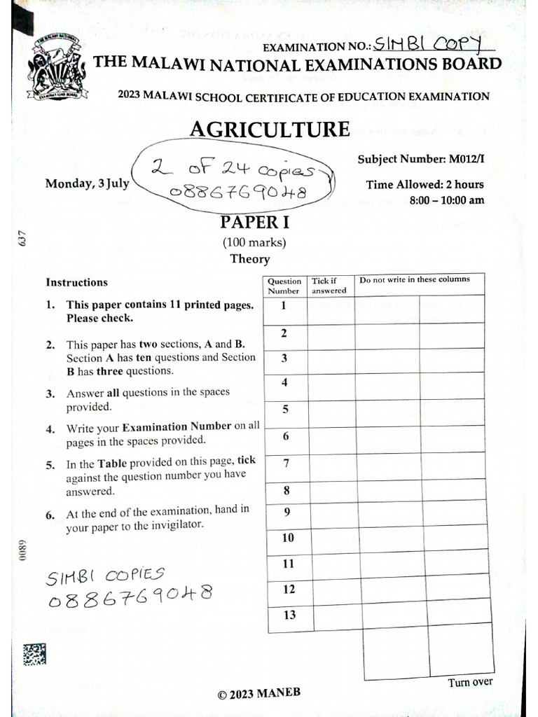 2023 Msce Maneb Agr P. 1 | PDF
