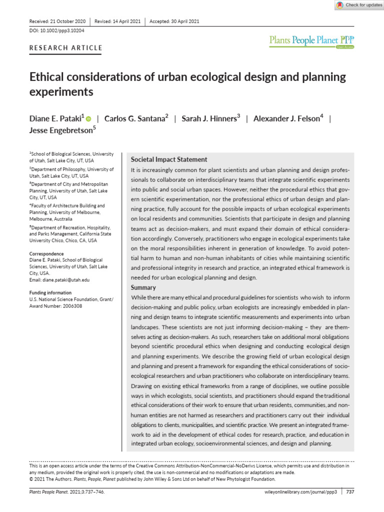 Plants People Planet - 2021 - Pataki - Ethical Considerations of Urban Ecological Design and ...