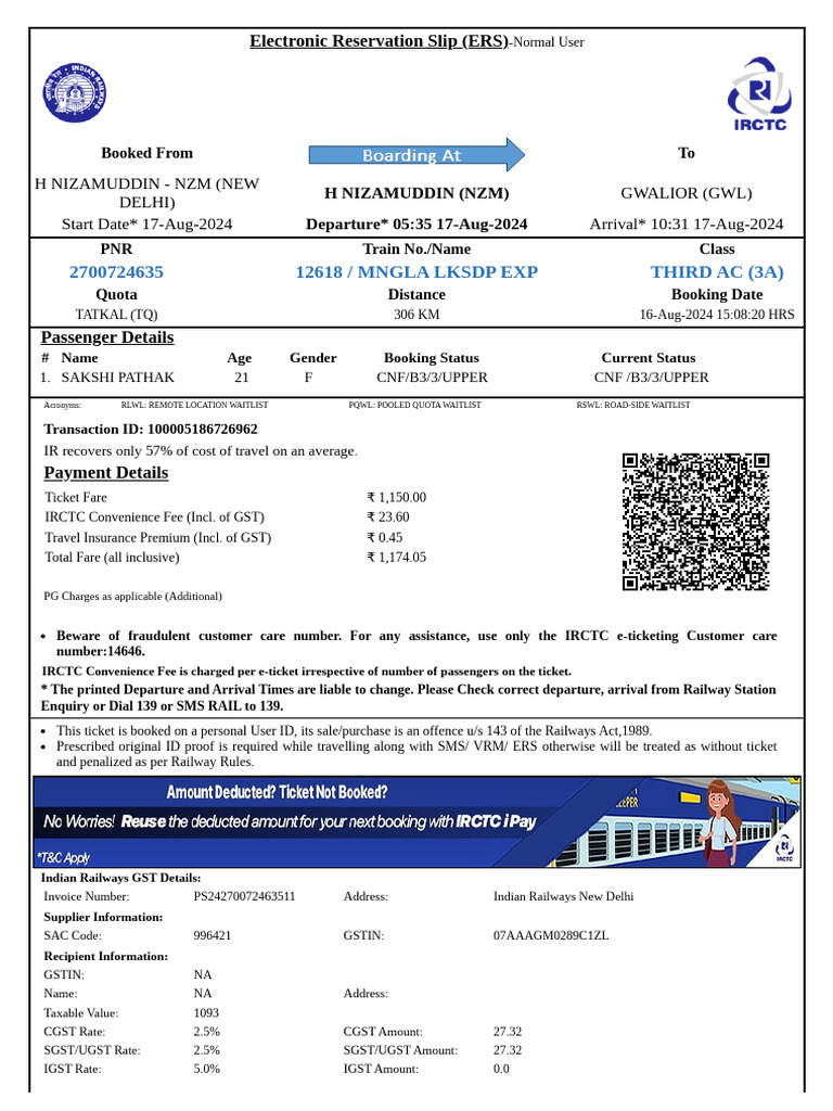 Mngla LKSDP Exp Third Ac (3A) : Electronic Reservation Slip (ERS) | PDF