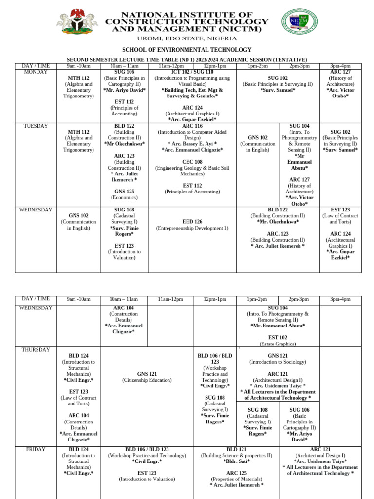 New Set Time Table Second Semester 2023 - 2024 Academic Session | PDF