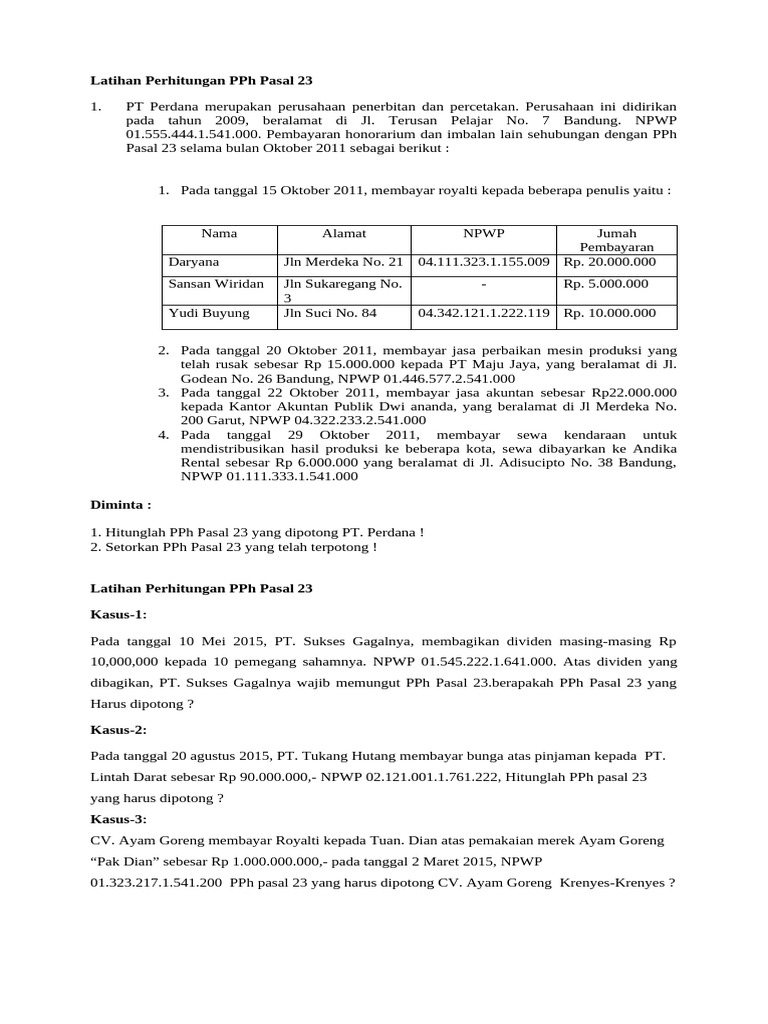 Latihan Soal PPH Pasal 23 Lengkap | PDF
