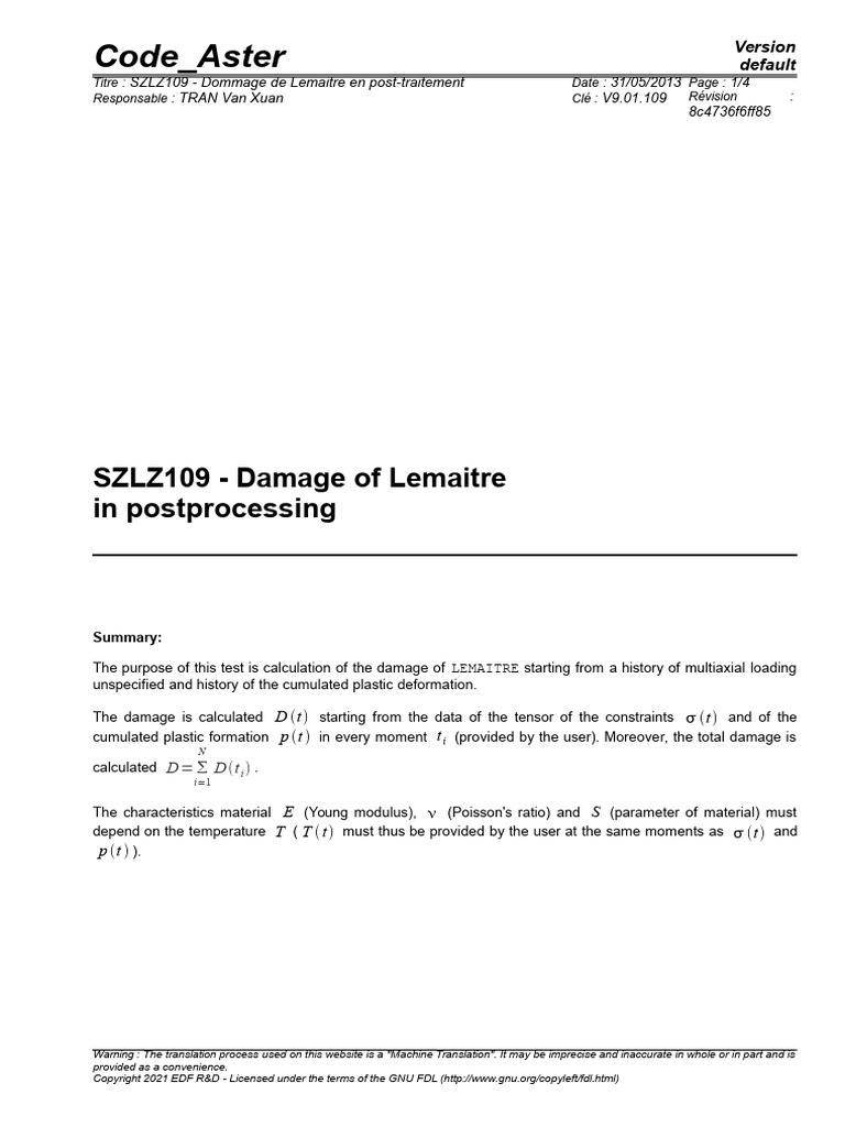 Code - Aster: SZLZ109 - Damage of Lemaitre in Postprocessing | PDF