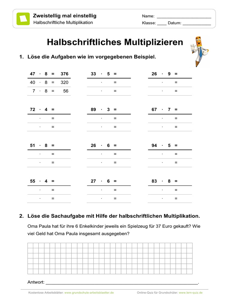Halbschriftliche Multiplikation 06 Zweistellig Mal Einstellig | PDF