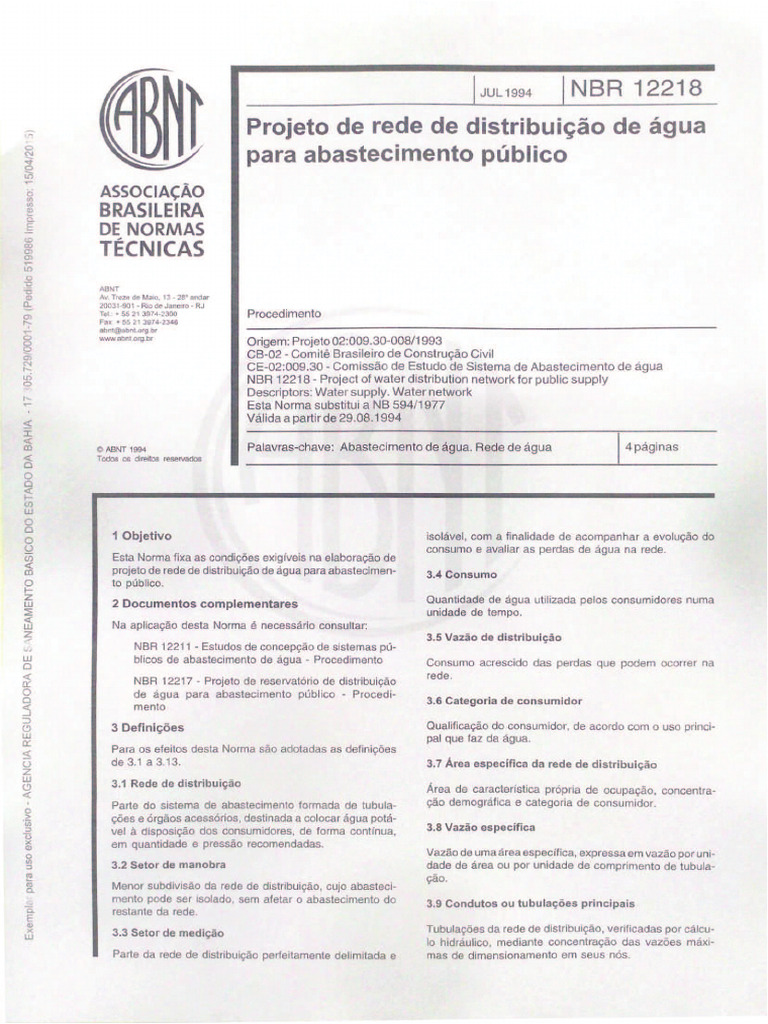 NBR 12218 - PROJETO DE REDE DE DISTRIBUIÇÃO DE ÁGUA PARA ABASTECIMENTO ...