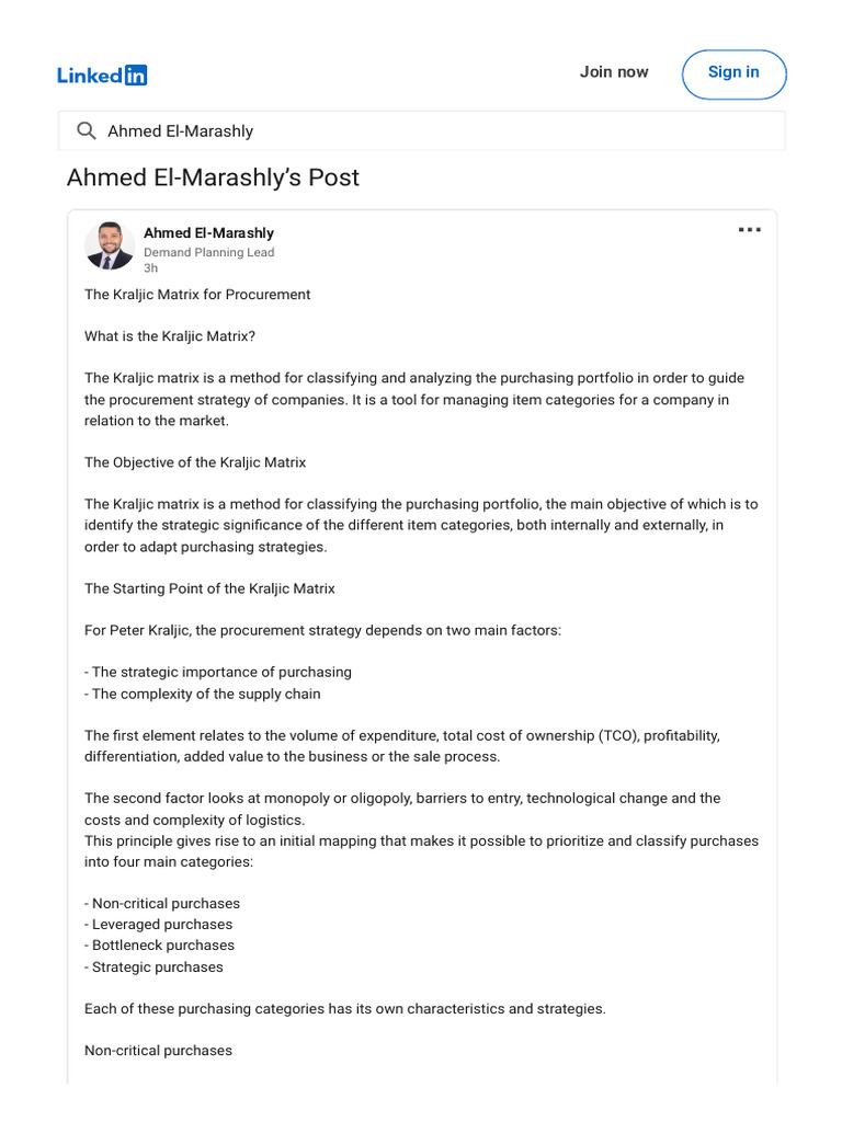 Ahmed El-Marashly On LinkedIn The Kraljic Matrix | PDF