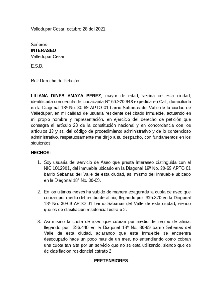 Derecho de Peticion Interaseo | PDF