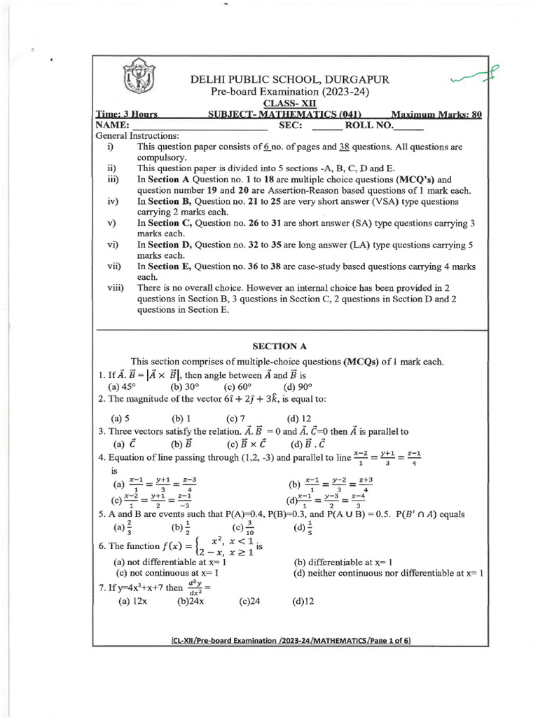 CLASS_12_PRE-BOARD_EXAM_MATHS_2023-24 | PDF