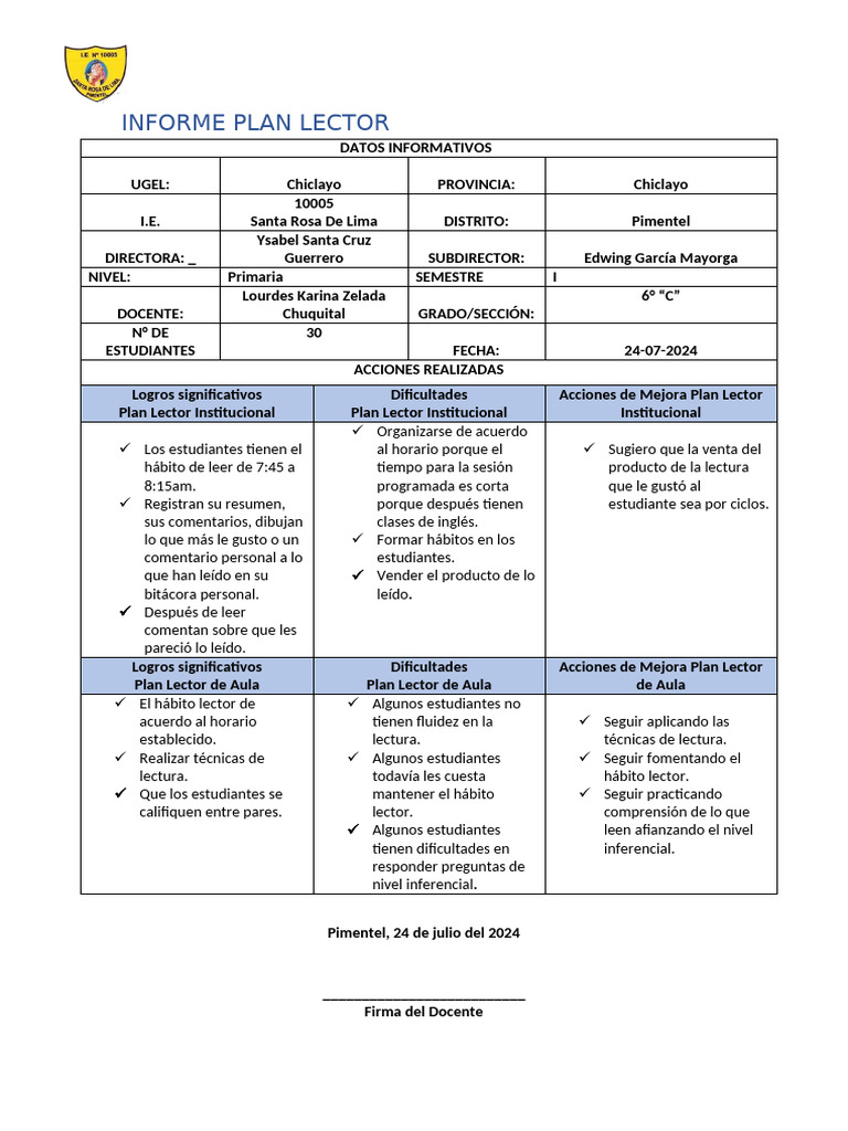 FORMATO PARA INFORME PLAN LECTOR (2) | PDF