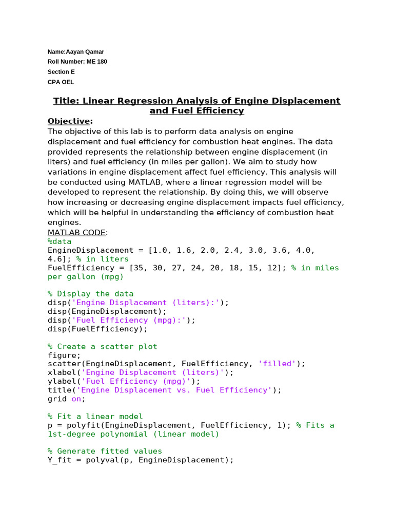 Title: Linear Regression Analysis of Engine Displacement and Fuel ...