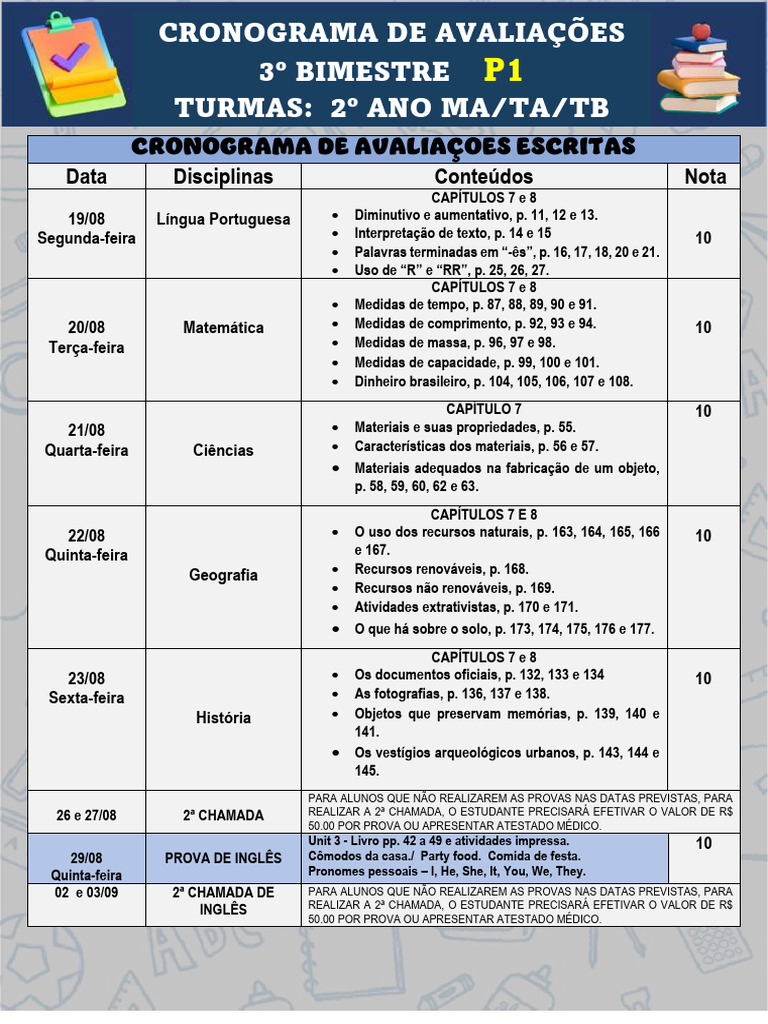 Cronograma PROVAS 3 - BIMESTRE | PDF