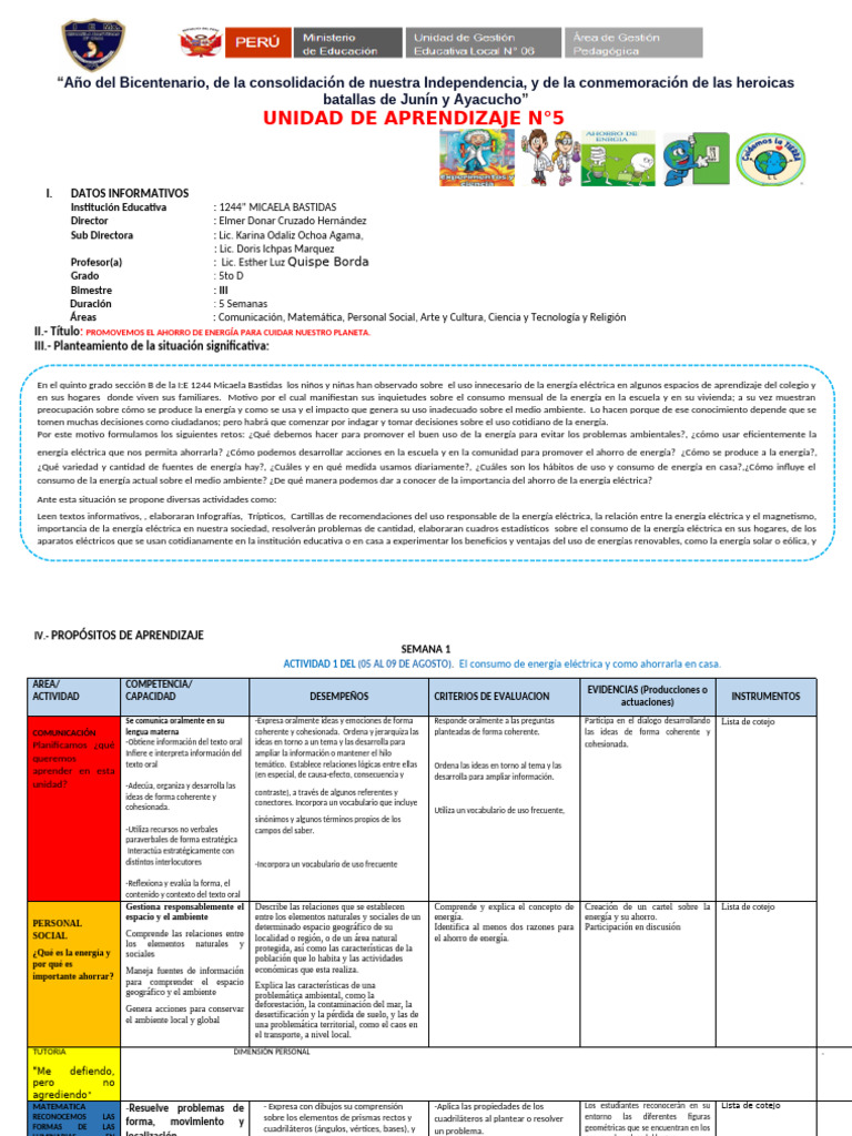 Unidad 5 5to Grado Agosto 2024 | PDF
