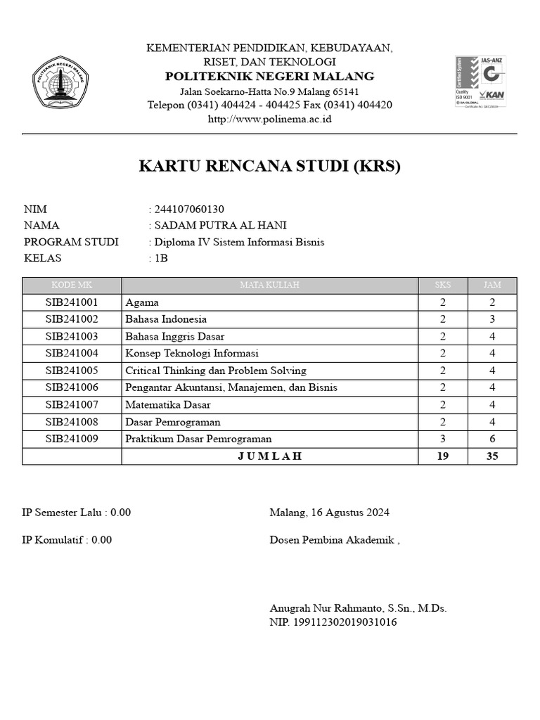 Kartu Rencana Studi (KRS) - Politeknik Negeri Mal… | PDF