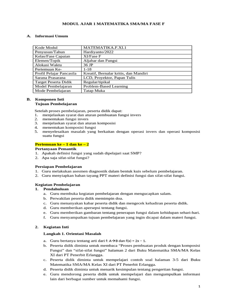 Modul Ajar 1 Matematika Sma Fase f | PDF