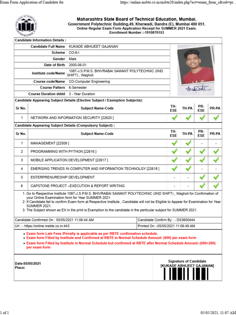 Exam Form Application of Candidate For | PDF