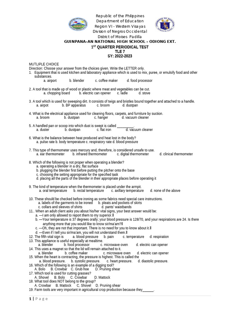 1st Quarter Periodical Test Tle 7 | PDF