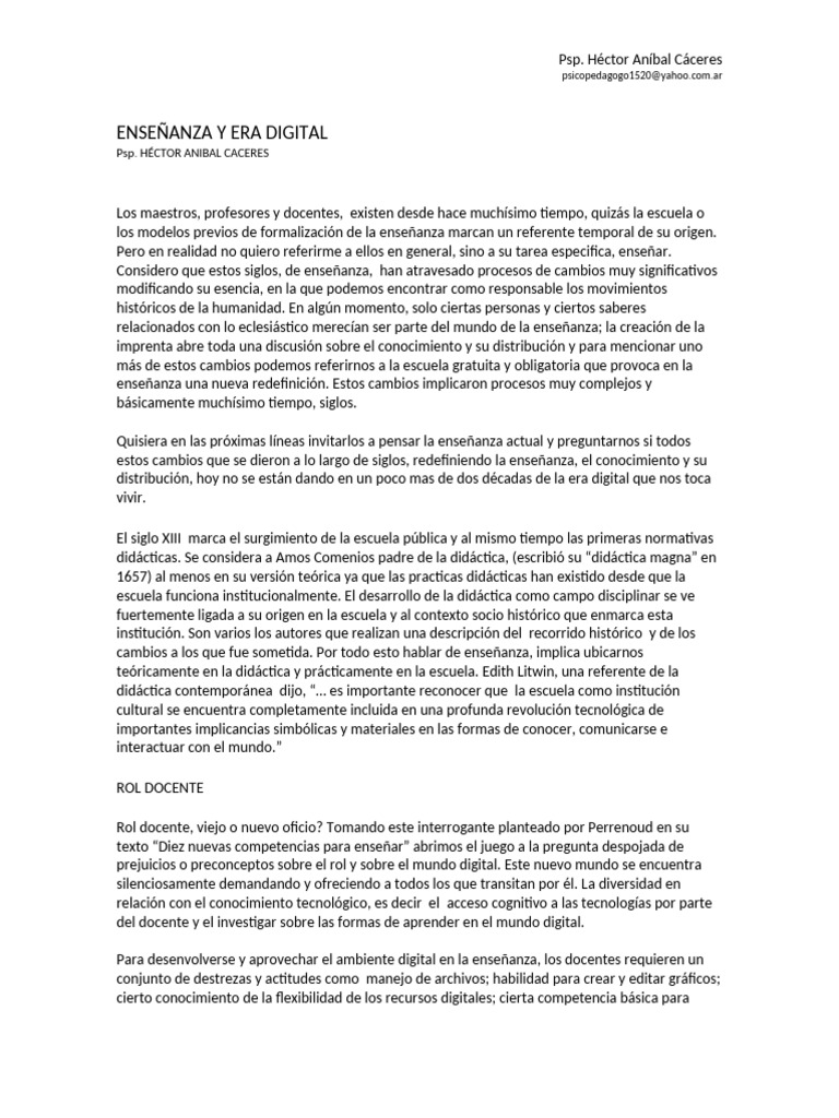 La Enseñanza y La Era Digital. HECTOR CACERES | PDF | Enseñando | Maestros