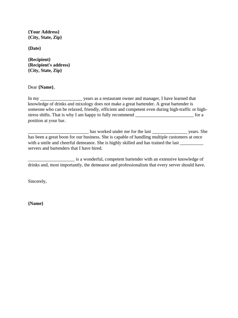 Letter of Recommendation Bartender | PDF
