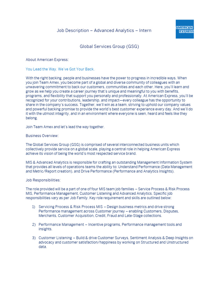 AMEX - Intern - GSG - Advanced Analytics | PDF