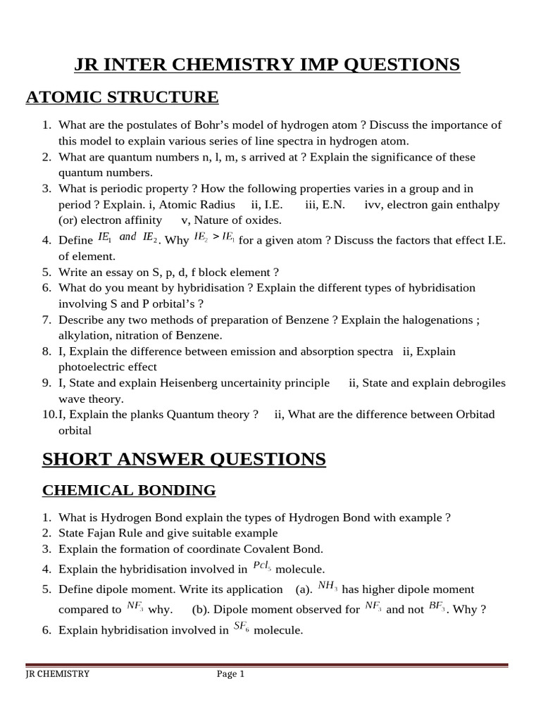 JR Chemistry Imp Question Bank | PDF