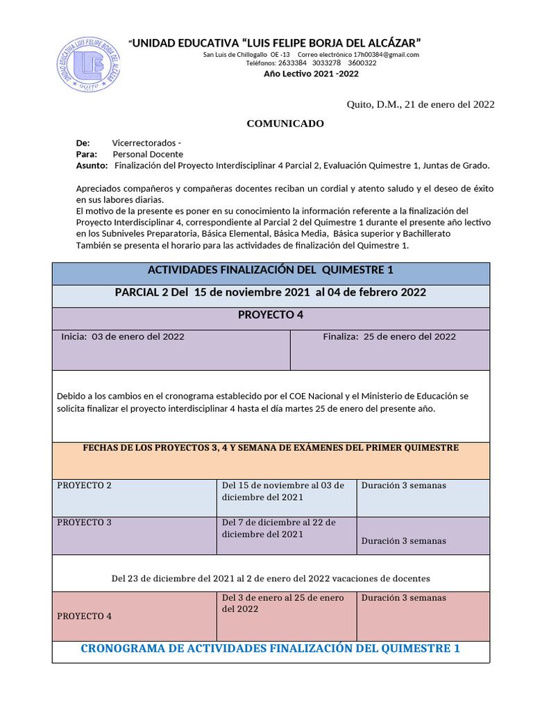 Comunicado Fin Quim 1 2021 - 2022 | PDF
