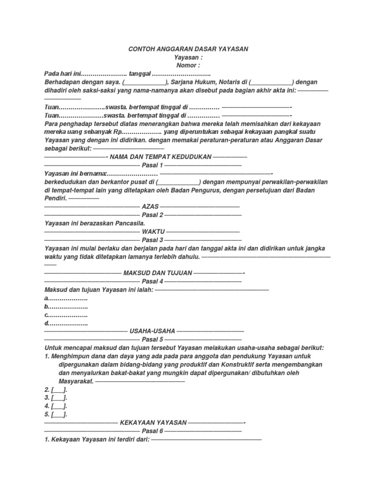 Contoh Anggaran Dasar Yayasan | PDF