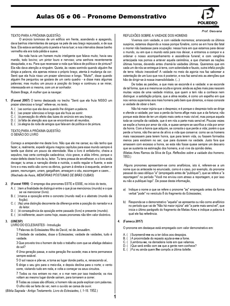 POR F1 - Aulas 05 e 06 - Pronome Demonstrativo (Material Extra) | PDF