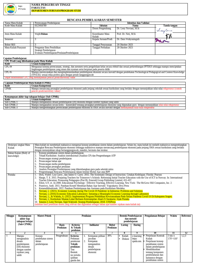 CONTOH RPS Perencanaan Pembelajaran Juni 24 - ASPROPENDO | PDF
