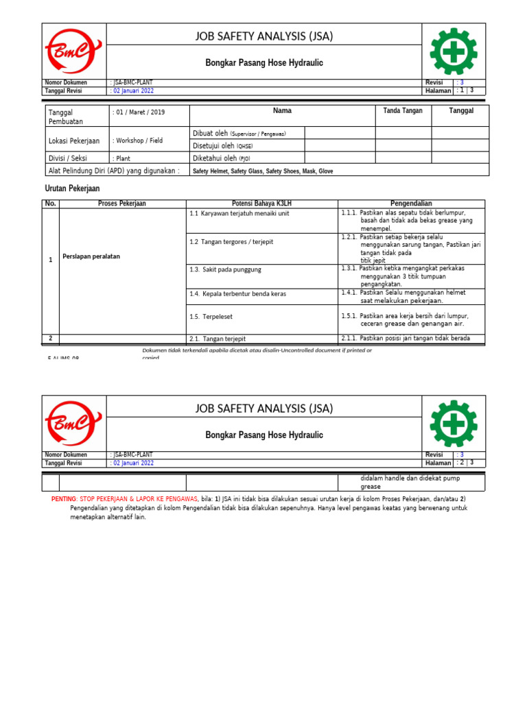 JSA PLANT 10 Bongkar Pasang Hose Hydraulic | PDF