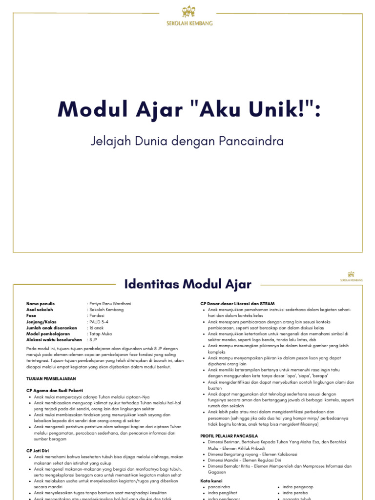 Modul Ajar PAUD - Modul Ajar - Aku Unik! - Jelajah Dunia Dengan Pancaindra - Fase Fondasi | PDF