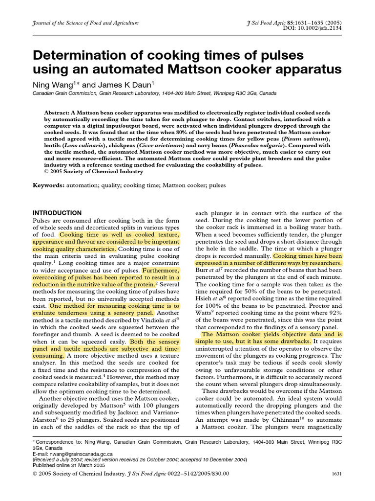 Determination of Cooking Times of Pulses | PDF