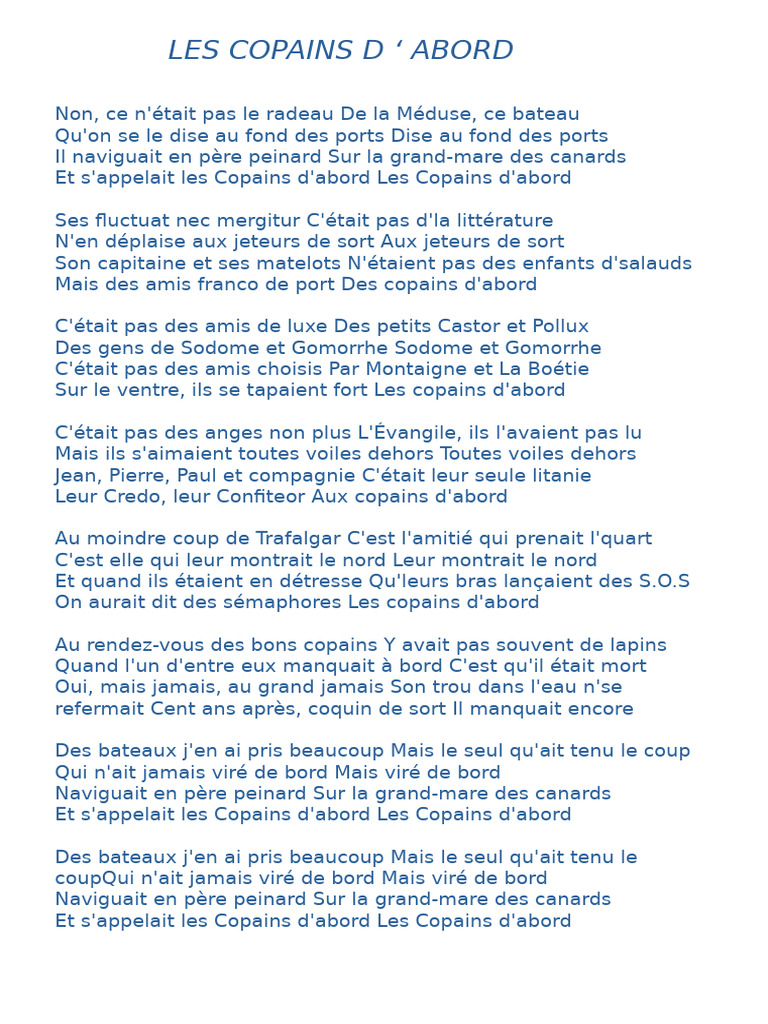 Les Copains D'abord - Brassens Paroles | PDF