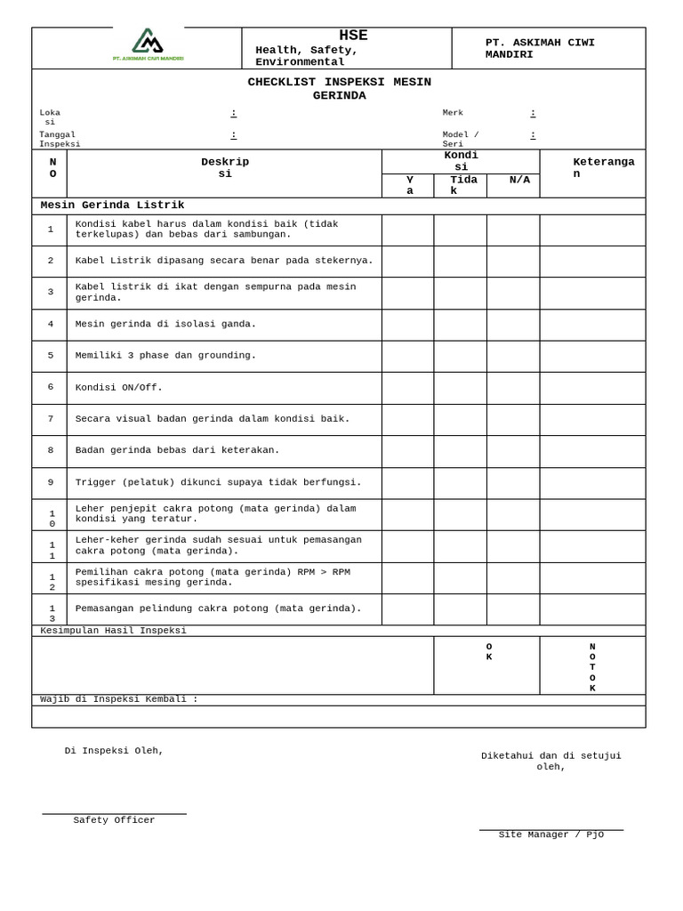 WORD Form Inspeksi Gerinda | PDF