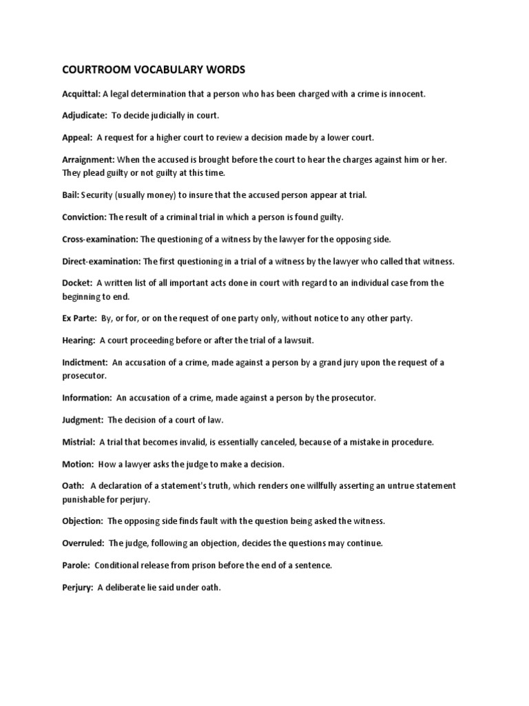 Courtroom Vocabulary Words | PDF | Witness | Trials