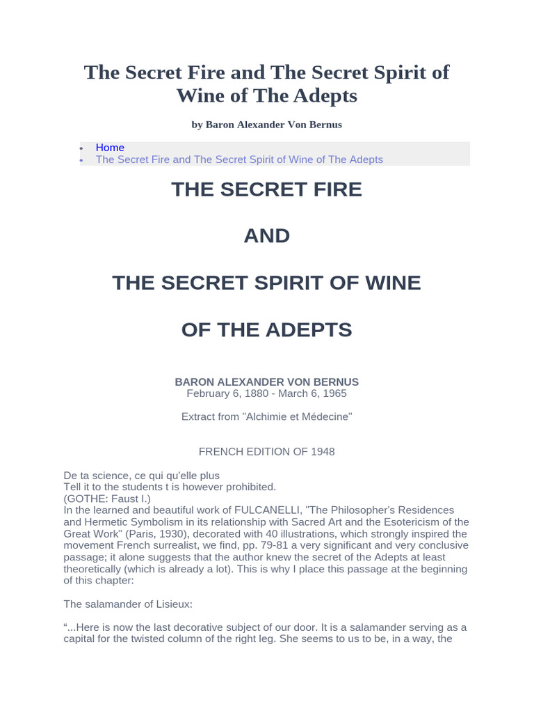The Secret Fire and The Secret Spirit of Wine of The Adepts | PDF