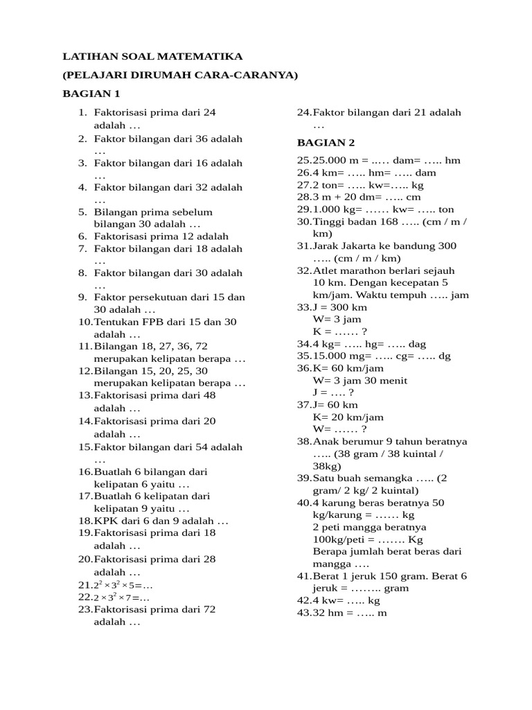 Latihan Soal Matematika Kelas 4 SD Kumer | PDF