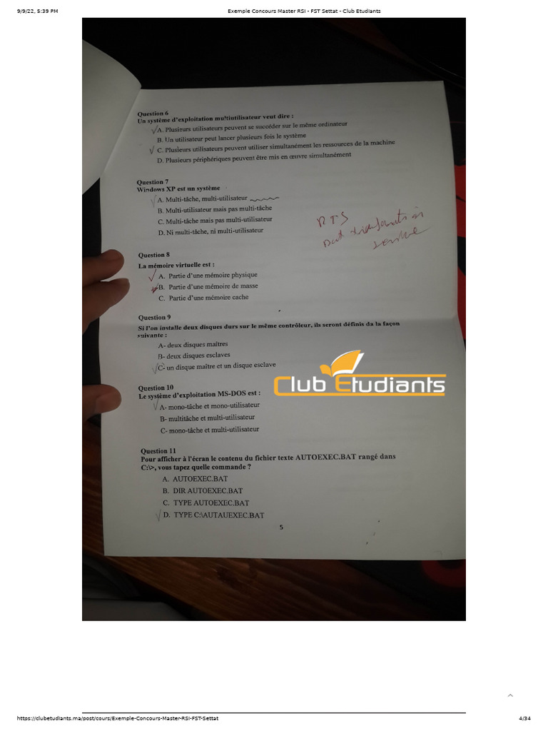 Exemple Concours Master RSI FST Settat 2 | PDF