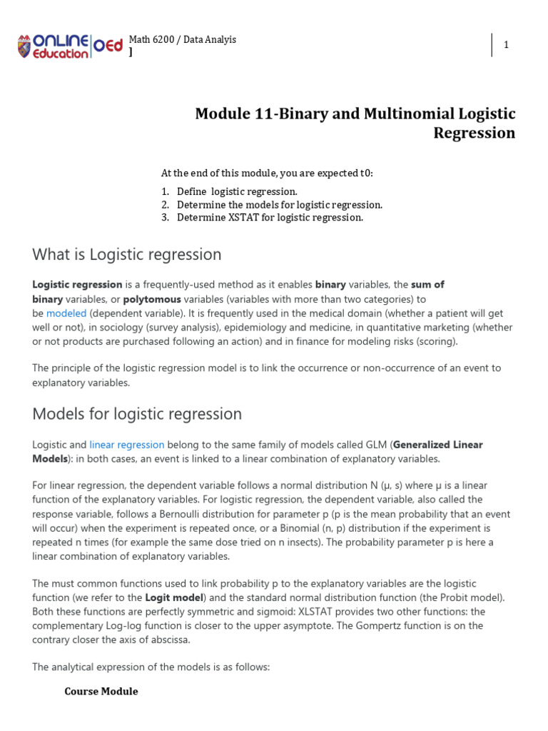 Week 11 - Binary and Multinomial Logistic Regression | PDF