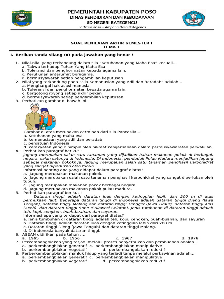 Soal PAS Kelas 6 Sem 1 Tema 1 - Kamimadrasah | PDF