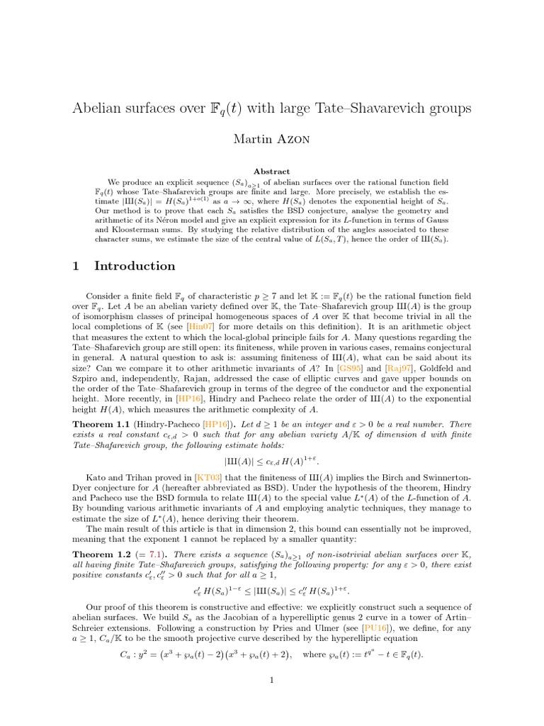 Abelian Surfaces Over Fq T With Large Tate Shavarevich Groups Pdf Field Mathematics