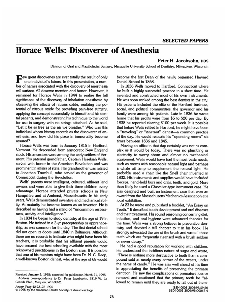 Horace Wells: Anesthesia Pioneer | PDF | Anesthesia | Dentistry