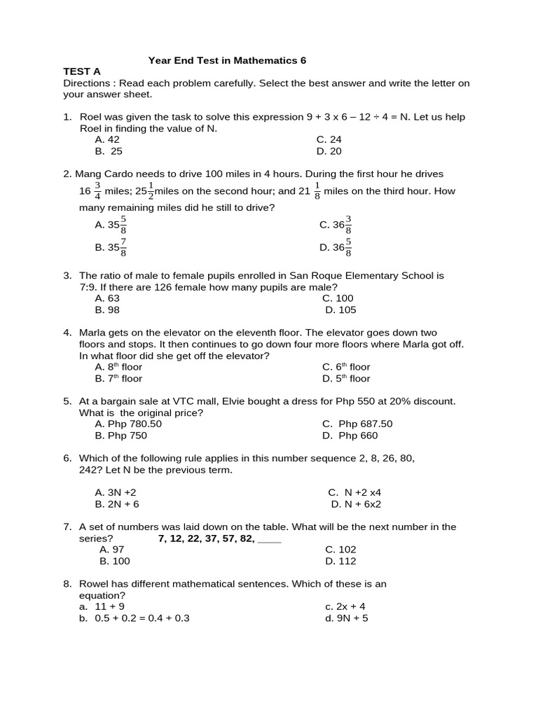 Year-End Math Test for Grade 6 | PDF | Euclidean Geometry | Geometry