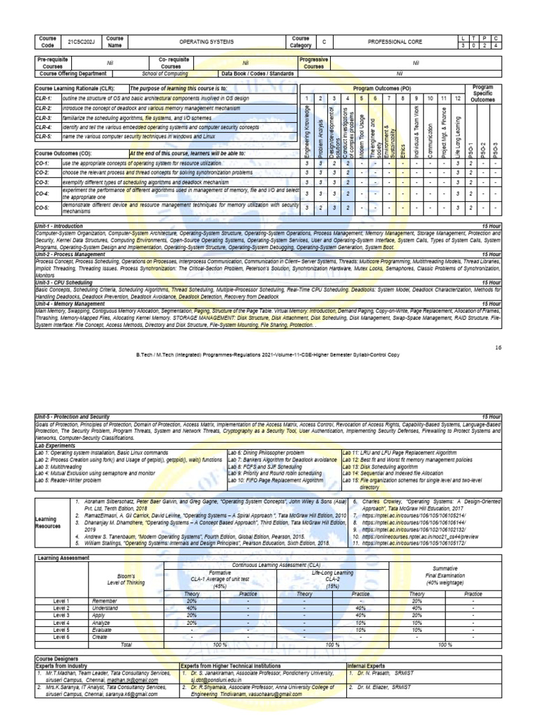 Syllabus - 21CSC202J OS | PDF