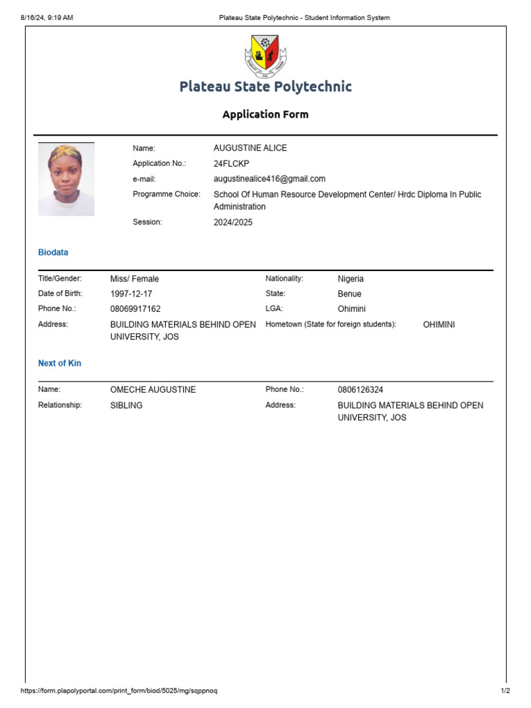 Plateau State Polytechnic - Student Information System | PDF