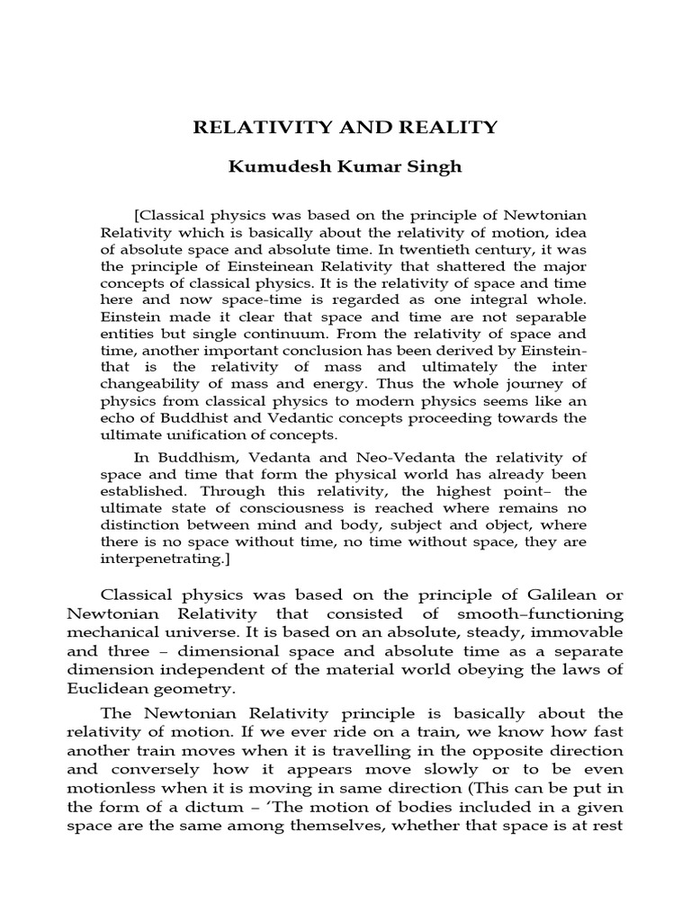 Relativity and Reality: Kumudesh Kumar Singh | PDF