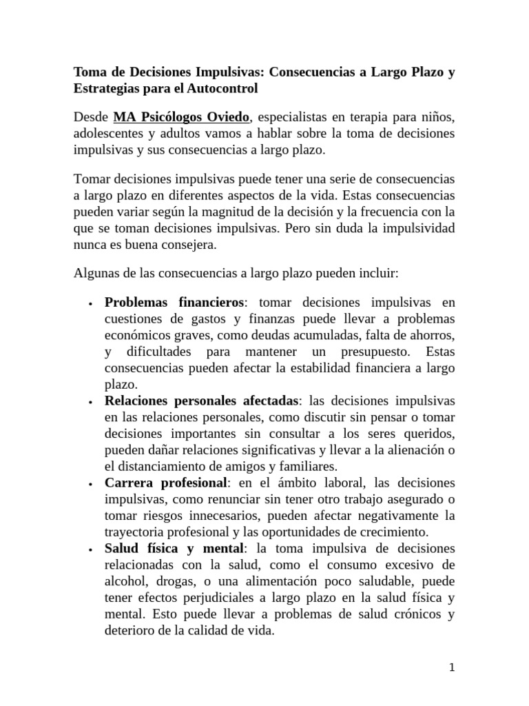 Toma de Decisiones Impulsivas | PDF