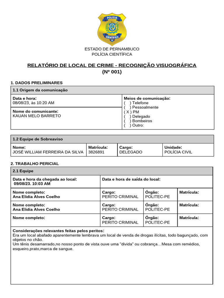 RELATÓRIO DE LOCAL DE CRIME - RECOGNIÇÃO VISUOGRÁFICA | PDF