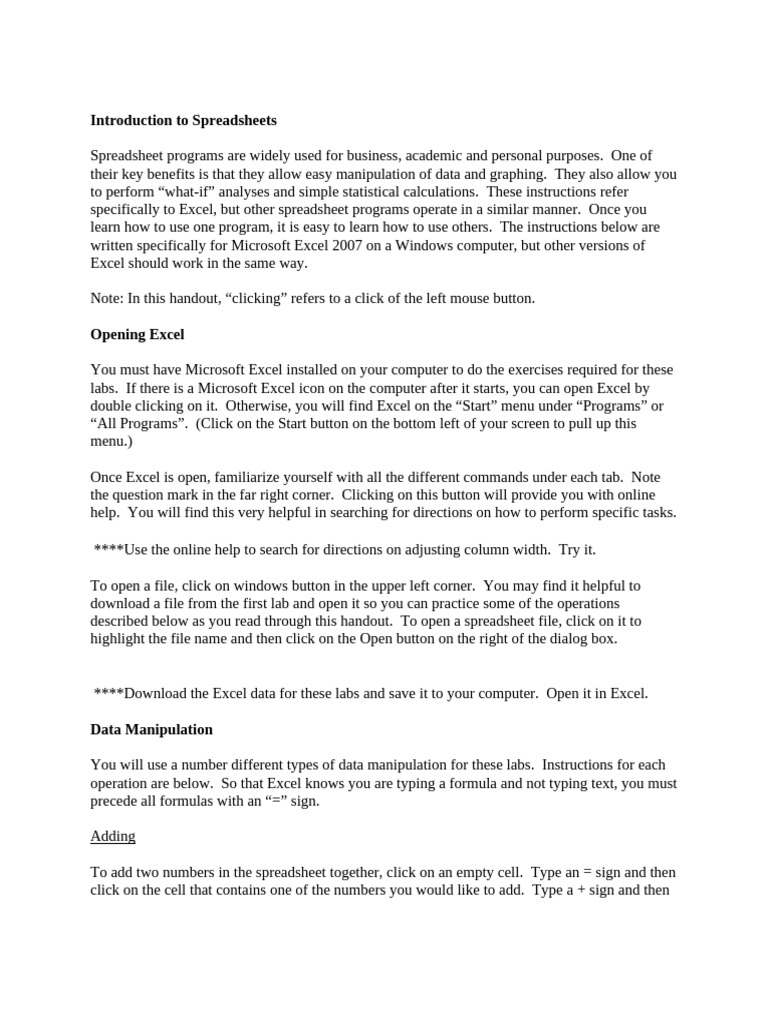 Introduction To Excel | PDF