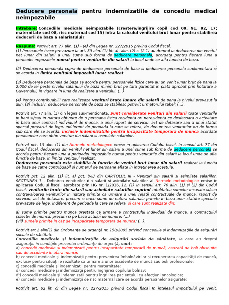 Raspuns Portal Universul Fiscal - Deducere Personala | PDF